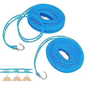 2 Pack Windproof Portable Clothesline with Hooks 16.4 ft Nylon Clothes Line Travel Laundry Line Drying Hanger Rope for Indoor Outdoor Camping Home Hotel Room
