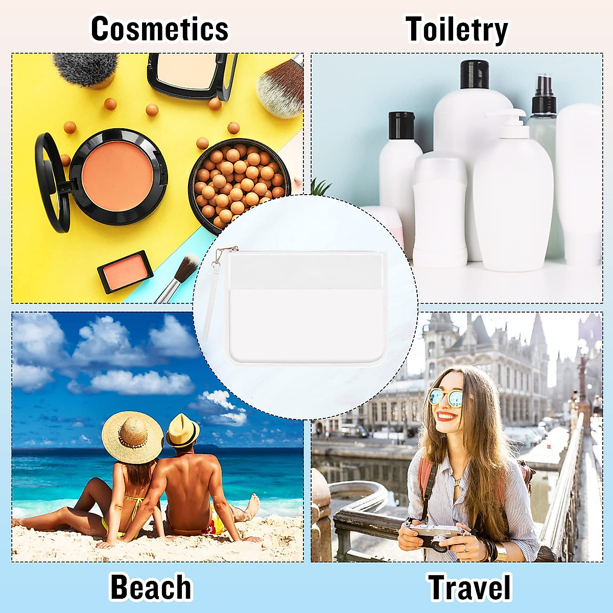 izuzta Clear PVC Flat Pouch, PU Travel Makeup Bag Clear Zipper Pouch with Wristlet, DIY Chenille Letter Bag Waterproof Portable Clear Travel Toiletry Bag Cosmetic Pouch for Women Girls (White)