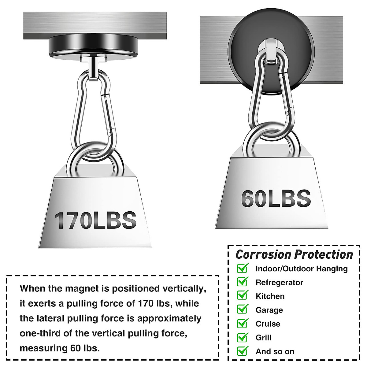 FINDMAG Magnetic Hooks 170LBS Heavy Duty Magnet with Carabiner Hook, Strong Magnetic Hooks for Hanging for Home, Cruise Ship, Office Locker, Workplace, Refrigerator or Travel (2 Pack)