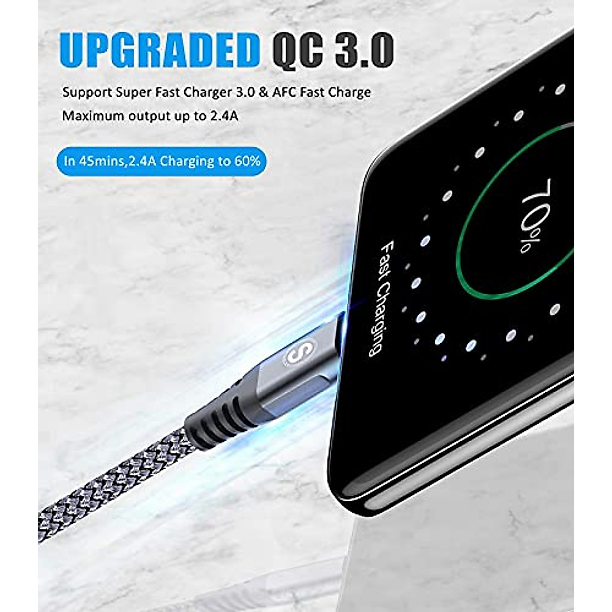 sweguard Micro USB Cable 6.6ft 2-Pack Android Charger Cable, Micro USB Nylon Braided Charger Cord for Samsung Galaxy S7 Edge S6 S2 J7 J5 J3 J3V J2,LG K10 V10,Moto E6 5 4,Kindle,Fire Tablet,PS4-Grey