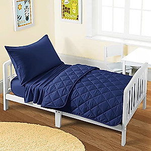 FLXXIE 4 Pieces Microfiber Toddler Bedding Set, Super Soft and Breathable Crib Sheet Set, Includes Quilted Comforter, Flat Top Sheet, Fitted Sheet, Envelope Pillow Case for Boys and Girls, Navy Blue