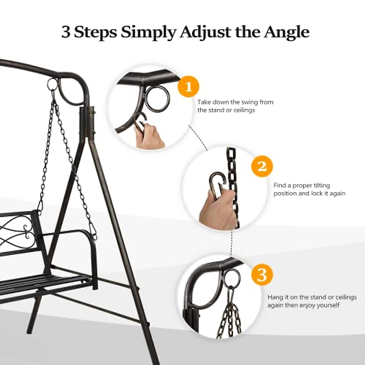 VINGLI Upgraded Metal Patio Porch Swing, 660 LBS Weight Capacity Steel Porch Swing Chair for Outdoors, Heavy Duty Swing Chair, Bench Swing for Gardens & Yards (Antique Bronze)