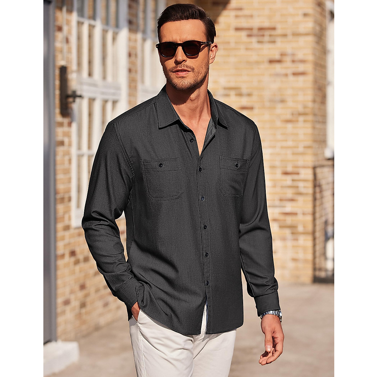 COOFANDY Men Untucked Shirt Regular Fit Button Up Long Sleeve Casual Dress Shirt Denim Black