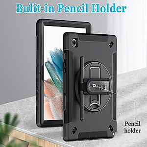 Case for Samsung Galaxy Tab A8 10.5 2022: Heavy Duty Rugged TPU Protective Cover for Tablet A8 5G (SM-X200/ SM-X205/ SM-X207) W/Stand+ Pencil Holder+ Handle+ Shoulder Strap -Black