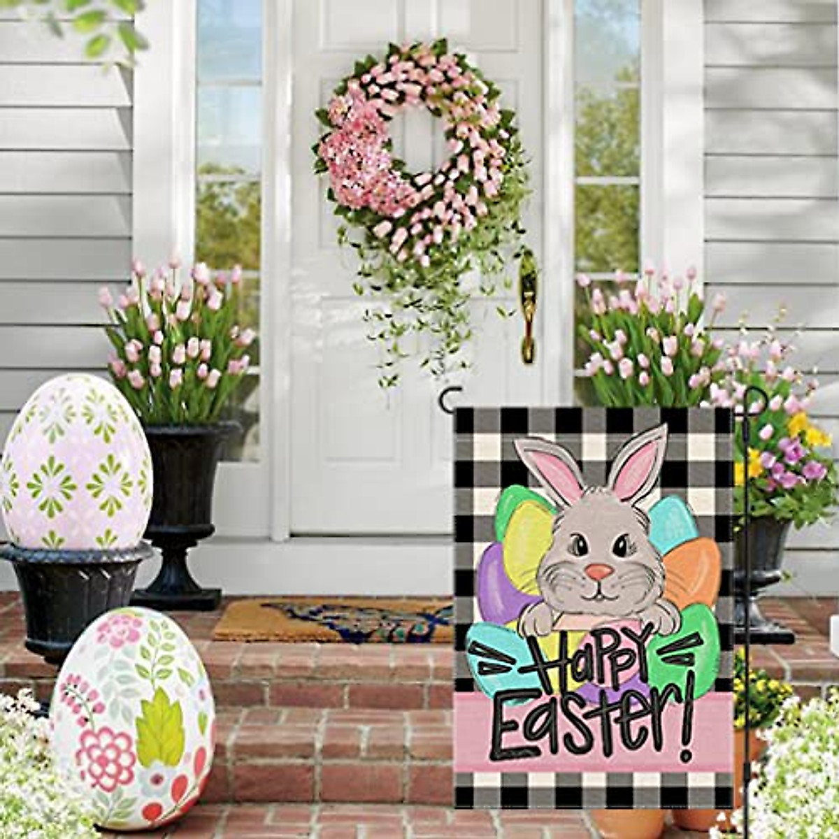 PANDICORN Happy Easter Garden Flag 12x18 Inch Double Sided, Black Buffalo Plaid Check Spring Easter Bunny Eggs Decorations, Small Vertical Welcome Holiday Decor for Outdoor Yard Garden