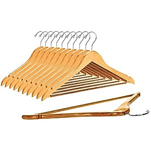 Quality Wooden Hangers - Slightly Curved Hanger Set - Solid Wood Coat Hangers with Stylish Chrome Hooks - Heavy-Duty Clothes, Jacket, Shirt, Pants, Suit Hangers (Natural, 10)