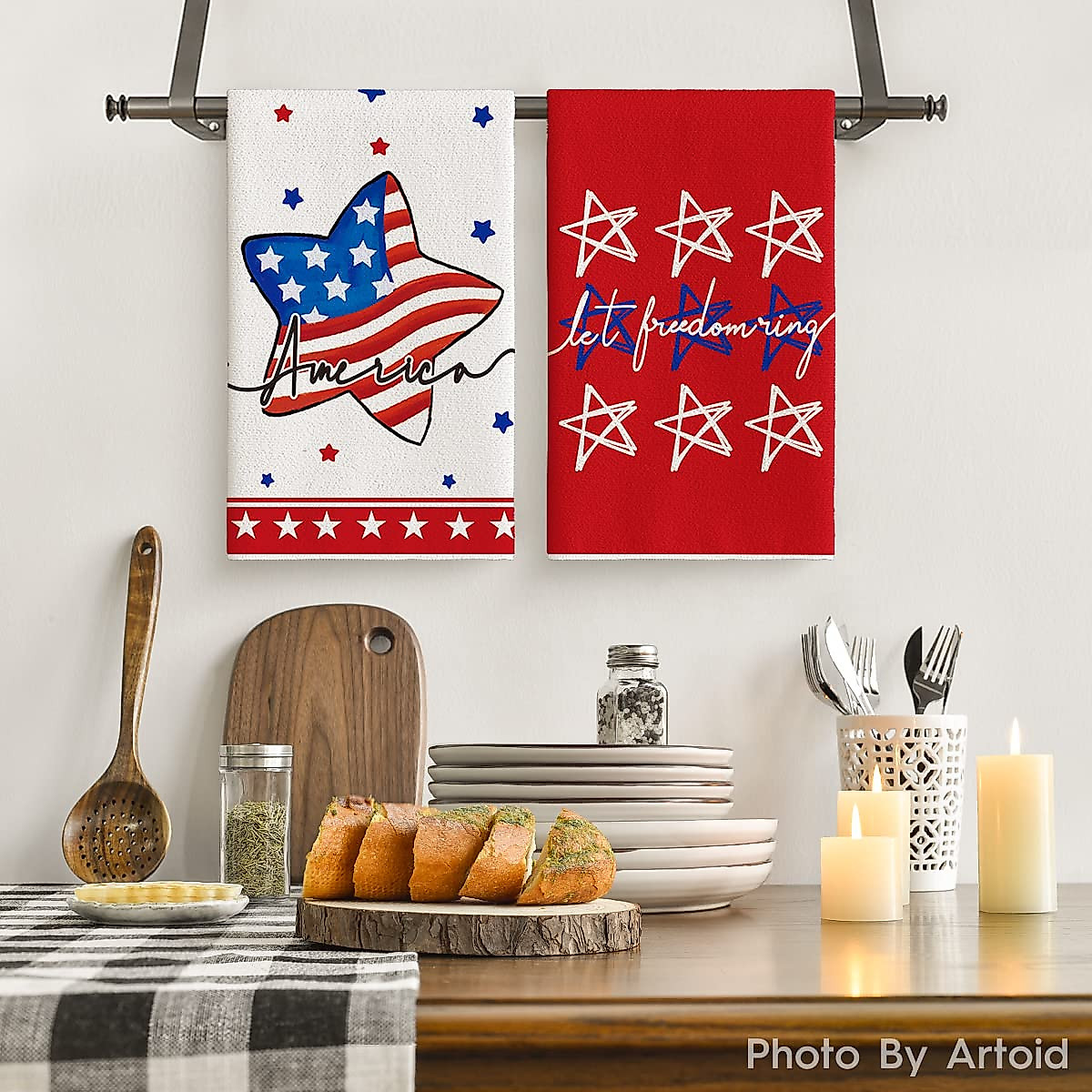 Artoid Mode American Flag 4th of July Kitchen Towels Dish Towels, 18x26 Inch Stars Freedom I Love USA Decoration Hand Towels Set of 4