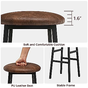 MAHANCRIS Bar Stools, 24.8 Inch PU Upholstered Breakfast Stools, Set of 2 Round Bar Chairs with Footrest, Bar Height Stools with Footrest, for Restaurant, Kitchen, Bar Counter, Rustic Brown BAHF02R01