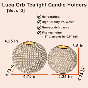 Luca Orb Candle Holders (Gift Boxed Set of 2), Table Centerpieces for Dining or Living Room, Spa, Bathroom, Kitchen Counter, Mantle or Coffee Table Decor (Grid Pattern, Beige and White)
