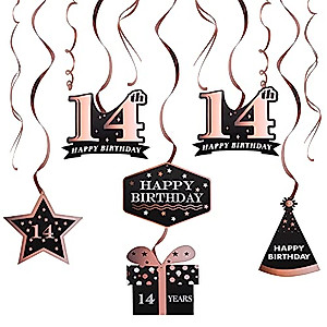 LINGTEER Happy 14th Birthday Rose Gold Swirls Streamers - Cheers to 14th Birthday Fourteen Years Old Bday Party Hanging Decorations.