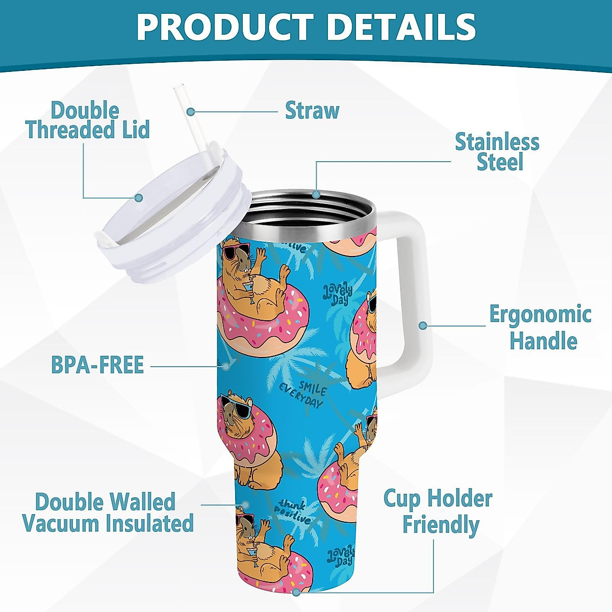 DIGTIA Stainless Steel Insulated Tumbler w/Handle & Straw, Sunglass Capybara Double Wall Vacuum Travel Coffee Mug Cup w/Lid, Leak-Proof Sports Summer Beach Water Bottle,30oz