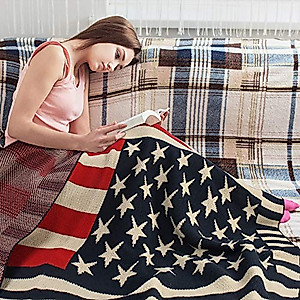 US Flag Knitted Blanket Patriotic Throw Super Comfy Soft Cozy for Coach and Bed 50"x 60" Warm for All Season TV Blankets