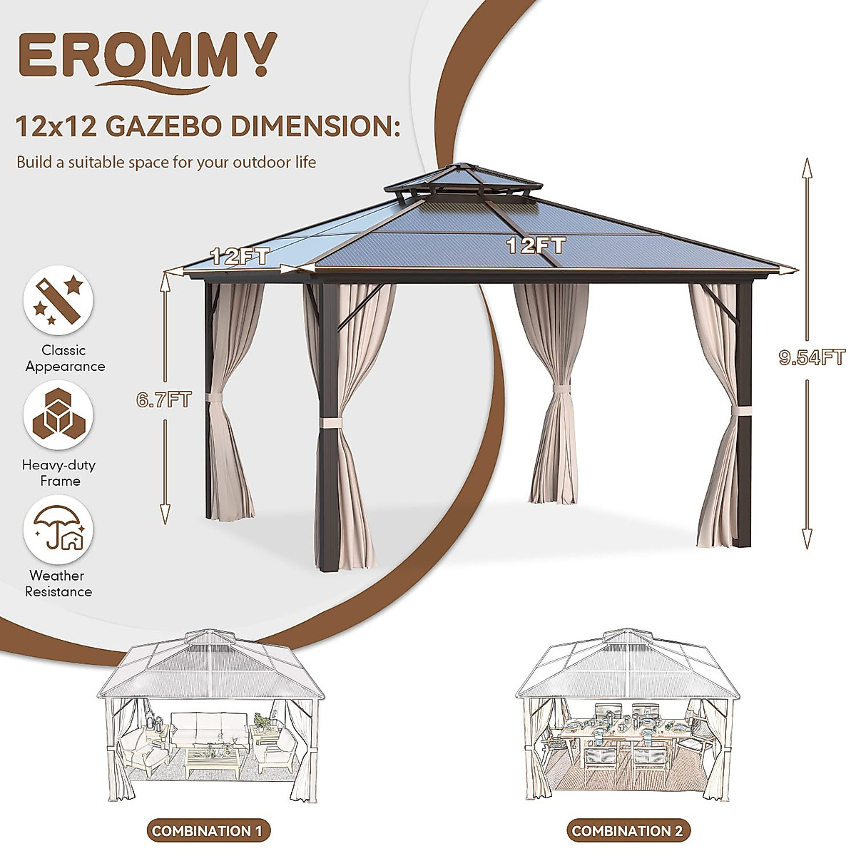 EROMMY 12' x 12' Gazebo Polycarbonate Double Roof Canopy Outdoor Aluminum Frame Pergola, Permanent Pavilion with Netting and Curtains for Garden Patio Lawns Parties
