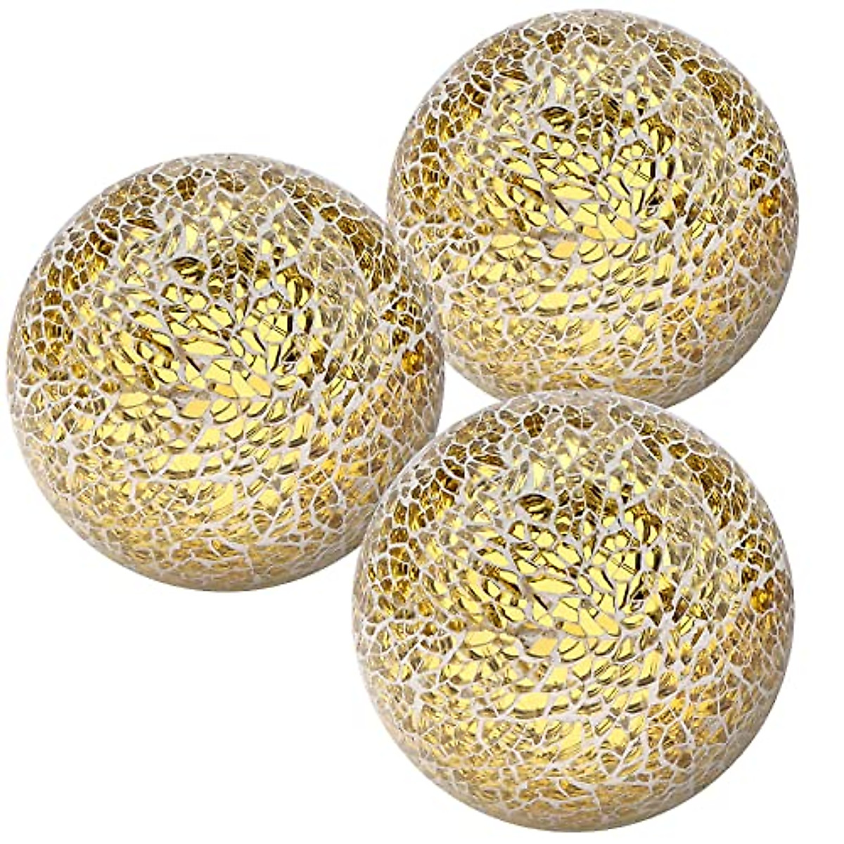 Kepfire 3Pcs Mosaic Glass Sphere 3.15 Inch Round Crackl Orbs for Bowls Vases Dining Table Centerpiece Home Decoration - Gold
