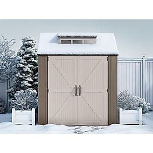 Rubbermaid Large Resin Outdoor Storage Shed With Floor (7 x 7 Ft.), Weather Resistant, Brown, Organization for Home/Lawn Mower/Backyard Equipment/Bike Storage/Pool Supplies