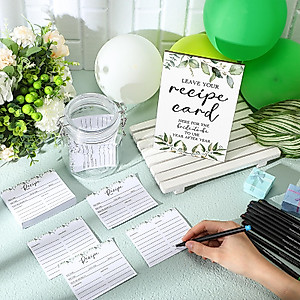 Geyoga 114 Pcs Recipe Cards Bridal Shower Favor for Guest 1 Leave Your Recipe Card Display Sign 1 PET Jar 100 Recipe Card Double Sided 12 Fine liner Ink Pen for Wedding Bridal Shower (Greenery)