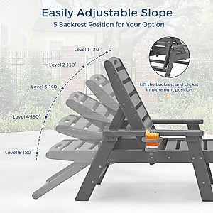 Outdoor Chaise Lounge Chair,Heavy Solid Patio Chaise Lounge with Arm/Cup Holder,HDPE Lounge Chair Outdoor[Wind Resistant and 100% Waterproof],400LBS Adirondack Lounge Chair with 5-Position Backrest