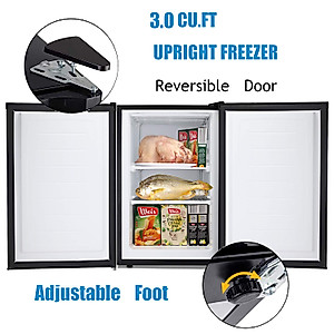 Antarctic Star Upright Freezer 3.0 Cu.ft, Compact Mini Freezer with Reversible Single Door, Temperature Control, Removable Shelves, Small freezer Stainless Steel for Dorms Home Office, Black