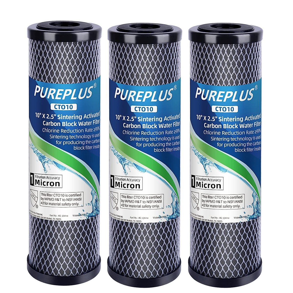 1 Micron 2.5" x 10" Whole House CTO Carbon Water Filter Cartridge Replacement for Countertop Water Filter System, Dupont WFPFC8002, WFPFC9001, FXWTC, SCWH-5, WHEF-WHWC, WHCF-WHWC, AMZN-SCWH-5, 3Pack