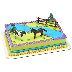 DecoSet® Horses Cake Topper, 5-Piece Topper Set Cake Decoration with 2 Horses, Fence, and Trees, Ready to Use For Equine-Themed Birthday, Celebration, Food Safe