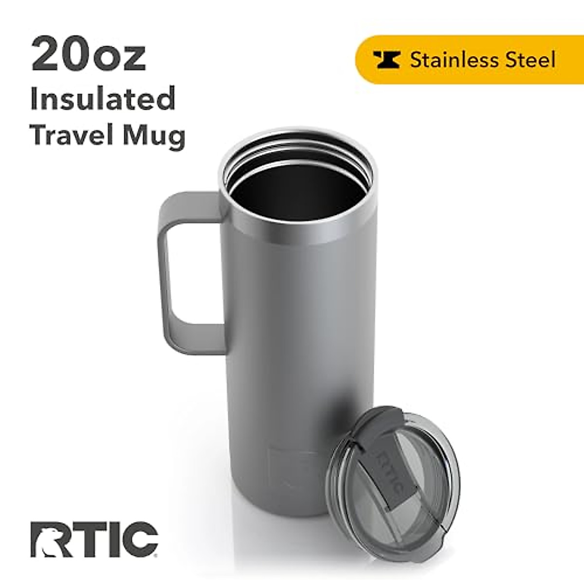 RTIC 20 oz Coffee Travel Mug with Lid and Handle, Stainless Steel Vacuum-Insulated Mugs, Leak, Spill Proof, Hot Beverage and Cold, Portable Thermal Tumbler Cup for Car, Camping, Graphite