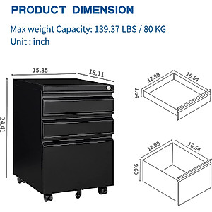 3 Drawer Locking File Cabinet, Under Desk Metal Filing Cabinet for Legal/Letter/A4 File, Fully Assembled Include Wheels, Home/Office Design (Black)