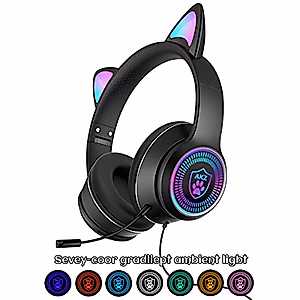 Zuri Sana Cat Ear Gaming Headphones Wired AUX 3.5mm with LED Light, Foldable Stereo Game Music Sound Over-Ear Headsets with Microphone Kids Adult Gift for PC, PS4, Switch, Cellphone, Pad, Laptop