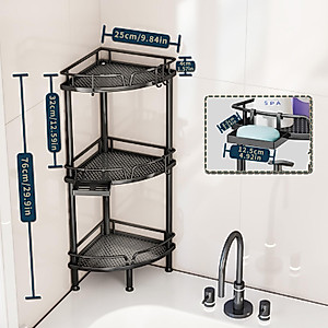Consumest Corner Shower Caddy Stand - 3 Tier Shower Organizer with Soap Holder, Standing Tall Floor Shower Stand with Adjustable Feet & 4 Hooks, Shower Shelf Rack Storage for Bathroom Black