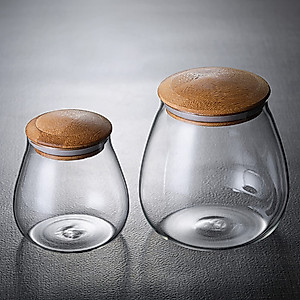 MOLADRI 400 ML/13 FL OZ Clear Cute Glass Storage Canister Holder with Airtight Bamboo Lid, Round Modern Decorative Small Container Jar for Coffee, Spice, Candy, Salt, Cookie, Condiment, Pepper, Sugar
