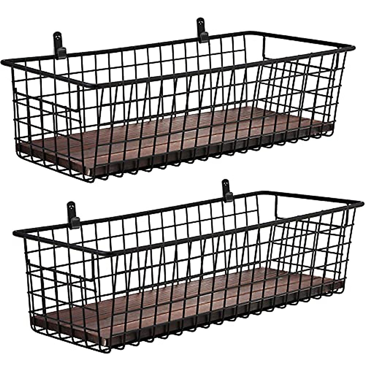 2 Set [Extra Large] Portable Metal Farmhouse Wall Decor Storage Organizer Basket Bin with Handles and Floating Shelves for Hanging in Bathroom,Kitchen,Office-Wall Mount Hooks Included (2, Black)