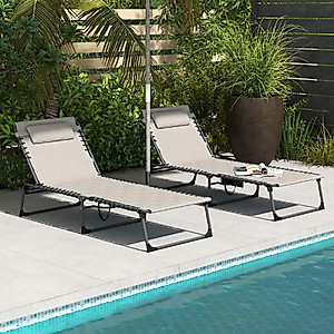 Outsunny Folding Chaise Lounge Set of 2 with 5-Level Reclining Back, Outdoor Lounge Tanning Chair with Padded Seat, Side Pocket & Headrest for Beach, Yard, Patio, Khaki