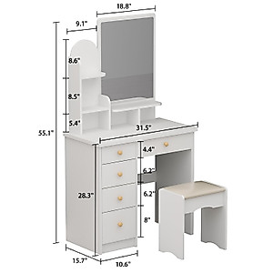 FUFU&GAGA Vanity Set with Mirror, Makeup Vanity Dressing Table with 5 Drawers, Shelves, Dresser Desk & Cushioned Stool Set (White, No Light)