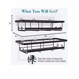 Mycuppca Shower Caddy, 2 Pack Adhesive Bathroom Shower Organizer, Black Shower Shelves with Hooks Stainless Shower Rack for Inside Shower No Drilling Wall Mounted Shower Storage Shower Shampoo Holder