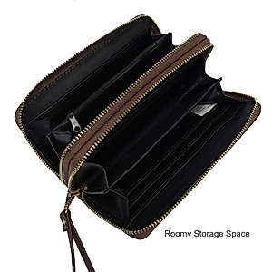 Double Zipper Wristlet Wallet Long Zip Around Clutch Travel Purse for for Cards, Cash, Checkbook, Passport (Grain-Brown 01)