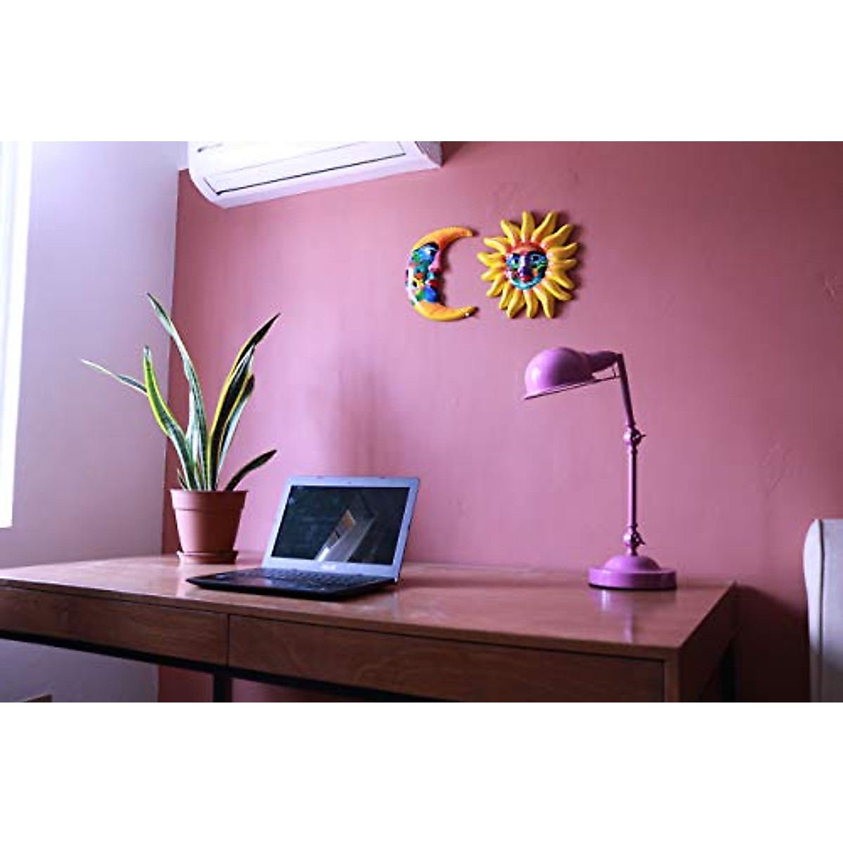 Yellow Hand Painted Authentic Mexican Sun and Moon Wall Decor, Patio Wall Decorations, Summer Wall Ceramic Decor, Moon Decor, Mexican Art for Home and Garden, Outdoor Wall Art 12 inches