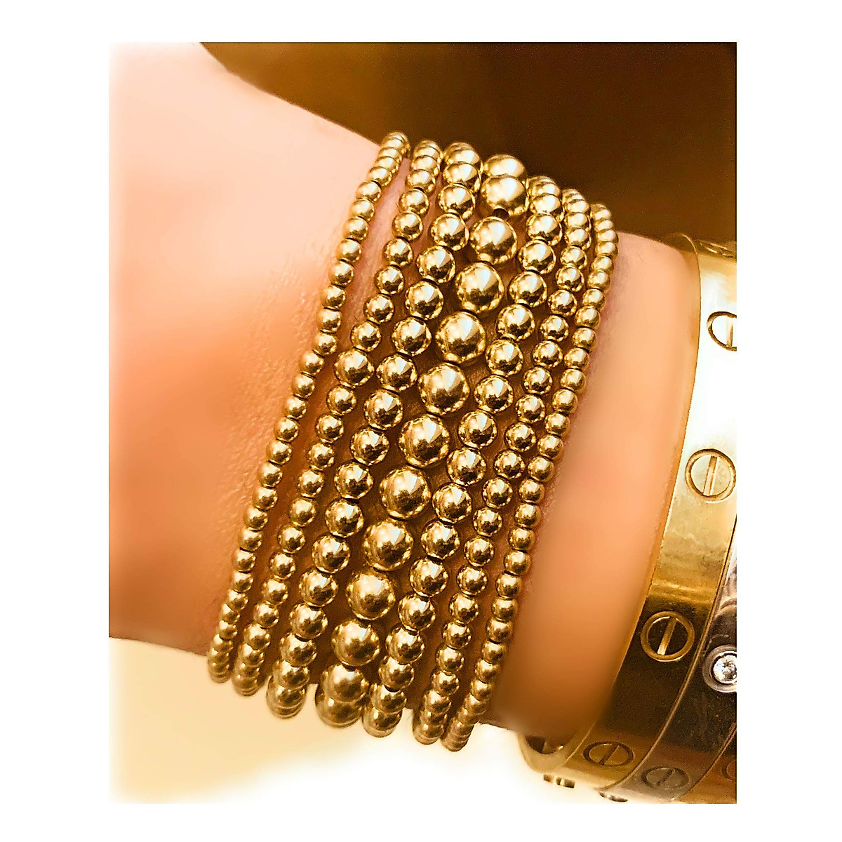 14k Gold Filled Beaded Ball Bracelet, 4mm, Dainty Layering Jewelry, Stacking Stretch Bracelets (6)
