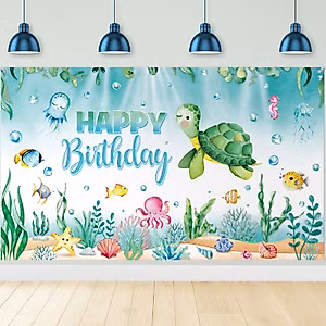 Preboun Ocean Animal Backdrop Ocean Turtle Decorations Ocean Theme Birthday Party Photography Background Banner for Underwater Blue Baby Shower Birthday Party Decorations Supplies, 3.6 x 6 Feet