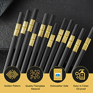Muguning 50 Pairs Fiberglass Chopsticks - Reusable Bulk Chopsticks Dishwasher Safe, Non-slip Japanese Chinese Style Chop Sticks for Sushi cooking Eating ( 9.5Inch, Black & Gold)
