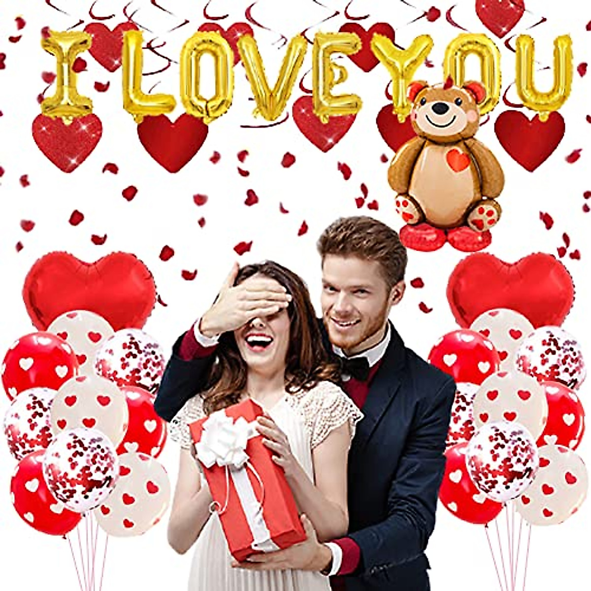 Valentine's Day Party Decorations Anniversary Decorations Valentines Day Hanging Decor Wedding Decorations I Love You Balloon Deep Red Silk Rose Petals Hanging Heart Swirls Love Bear Red Heart Balloon