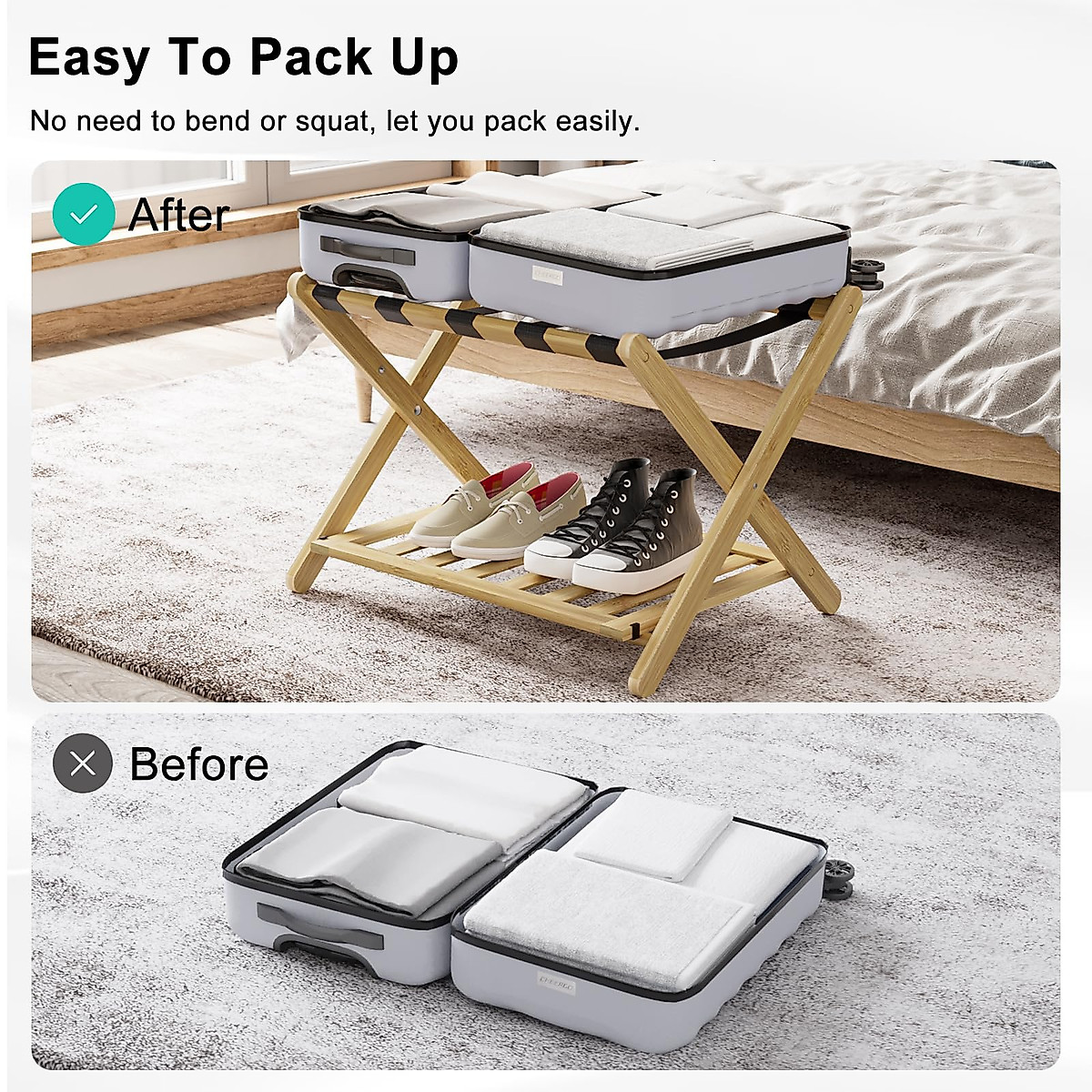 Smuxee Fully Assembled Luggage Rack for Guest Room, Upgraded Bamboo Foldable Suitcase Stand with 5 Nylon Straps, Nature Luggage Holder with Shelf for Bedroom Hotel (Nature Luggage Rack 1pcs)