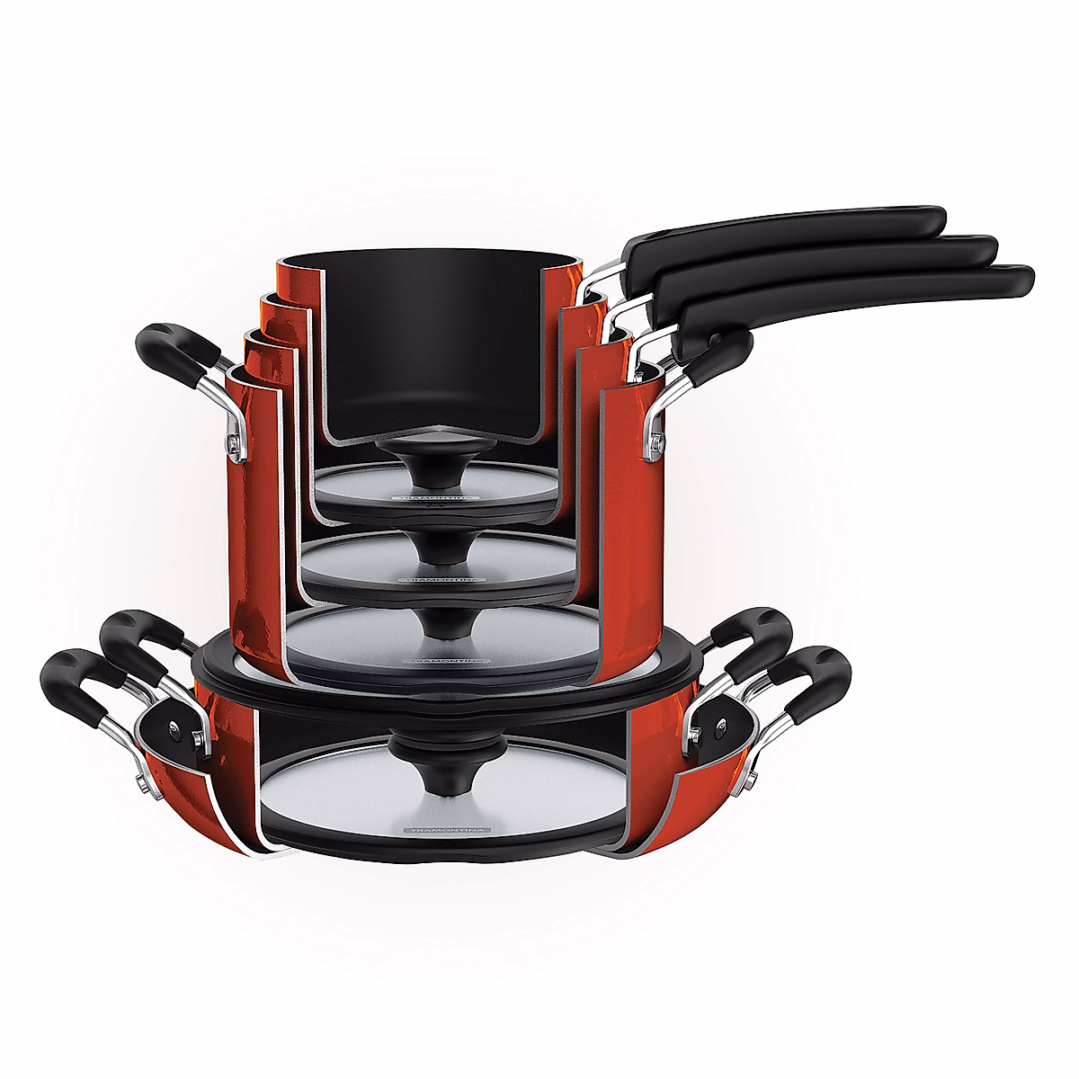 Tramontina Aluminum Non Stick 11-Piece Nesting Pots and Pans Set with Lids - Red, Kitchen Nonstick Cookware Set, Dishwasher and Oven Safe