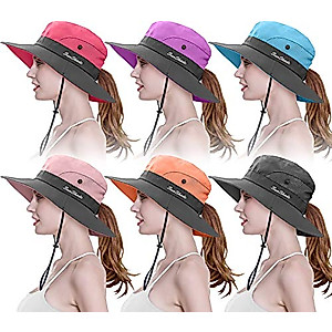 6 Pieces Womens Ponytail Wide Brim Sun Hat Packable UV Protection Beach Cap for Fishing & Hiking (Purple＆Sky Blue＆Watermelon Red＆Pink＆Orange＆Grey)