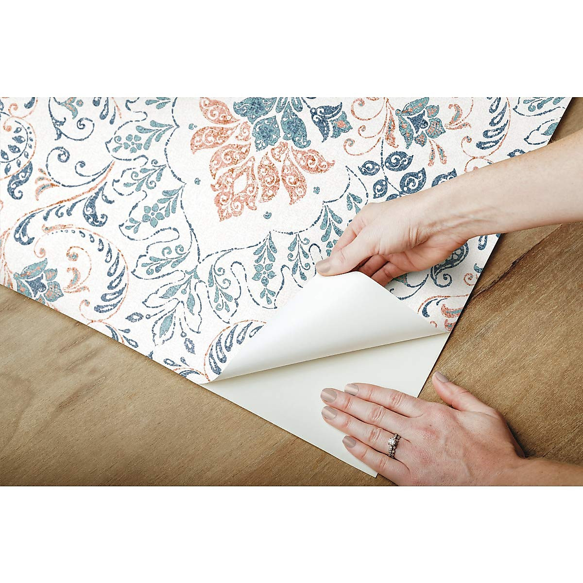 RoomMates RMK11833WP Orange and Blue Persian Damask Peel and Stick Wallpaper