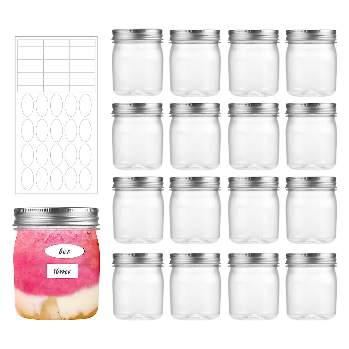 Party Club of America 16 Pack 8OZ Sliver Plastic Jars With Screw On Lids，Plastic Mason Jars Food Storage Container For Storing Dry Food, Candy, Cream,Peanut, Butter