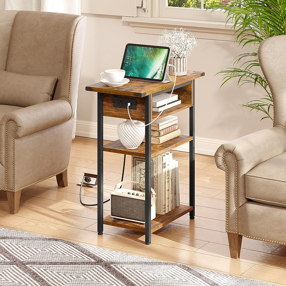 HOOBRO Narrow LED End Table with Charging Station, Small Side Table Outlets, Nightstand with USB C Port, Skinny Couch Table, for Living Room, Bedroom, Bedside, Rustic Brown and Black BF130UDBZ01