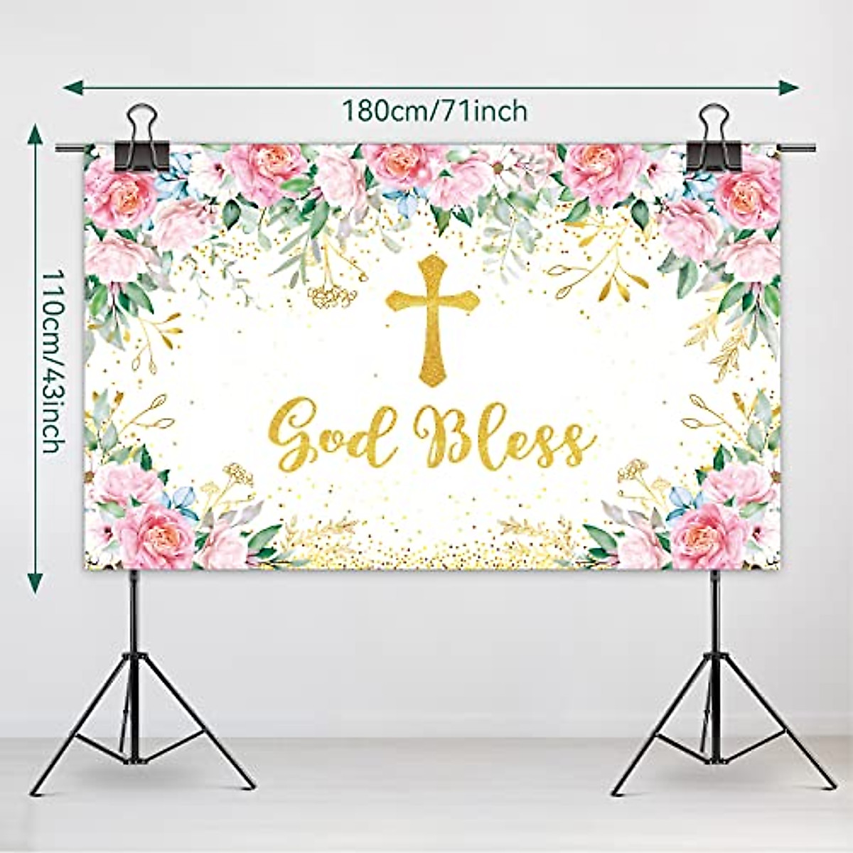 God Bless Backdrop Baptism First Holy Communion Banner Mi Bautizo Baby Shower Party Decorations Christening Ceremony Newborn Banner Flowers Leaves Floral Photography Background Decor Supplies