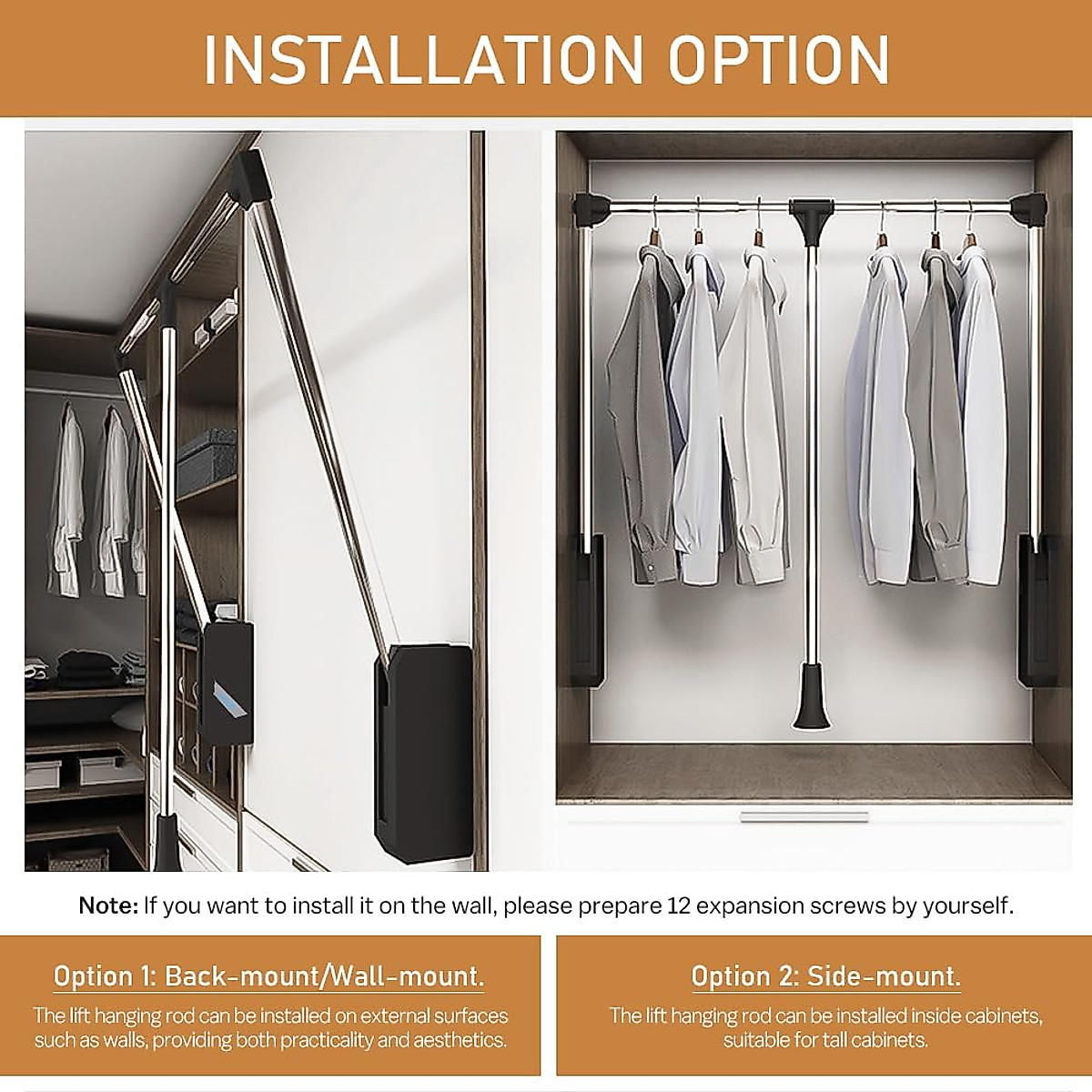 Pull Down Closet Rod, 60 lbs Load Capacity, Stainless Steel Adjustable 26-35 inches Soft-Close Wardrobe Lift Rail Organizer for Hanging Clothes, Two-way Buffering Side & Back Mounted Closet Rod