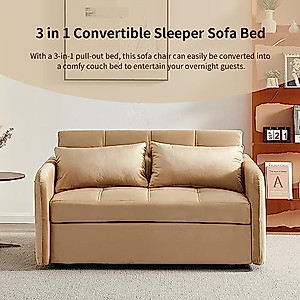 NIOIIKIT 3-in-1 Convertible Sleeper Sofa Bed, Modern Velvet Loveseat Sofa Couch, Chaise Lounge with Adjustable Backrest, Pillows, Pocket, Pull Out Bed for Living Room, Bedroom (Khaki)