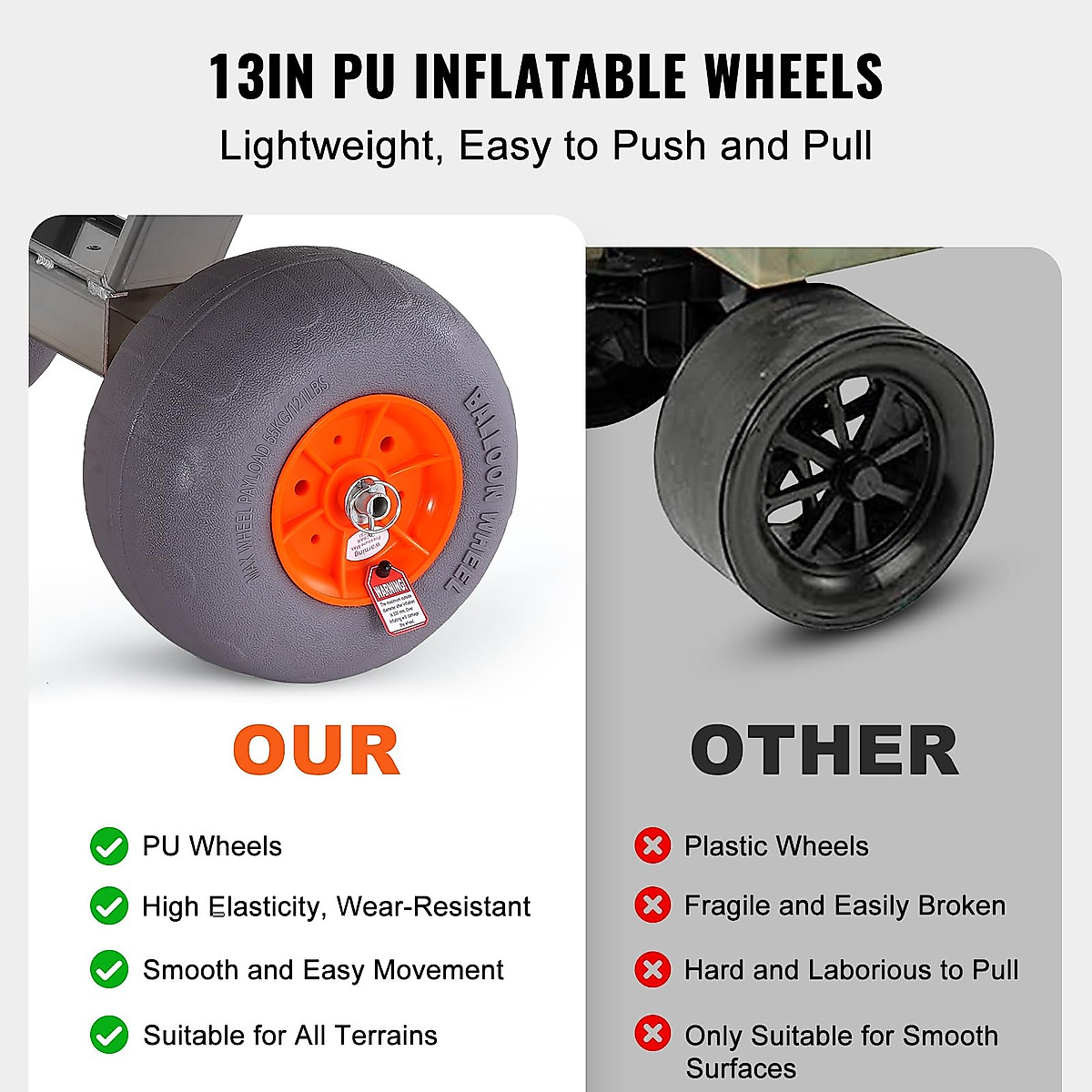 VEVOR Beach Fishing Cart, 400lbs Load Capacity, Fish and Marine Cart with Four 13" Big Wheels PU Balloon Tires for Sand, Heavy-Duty Aluminum Pier Wagon Trolley with 6 Rod Holders for Fishing, Picnic