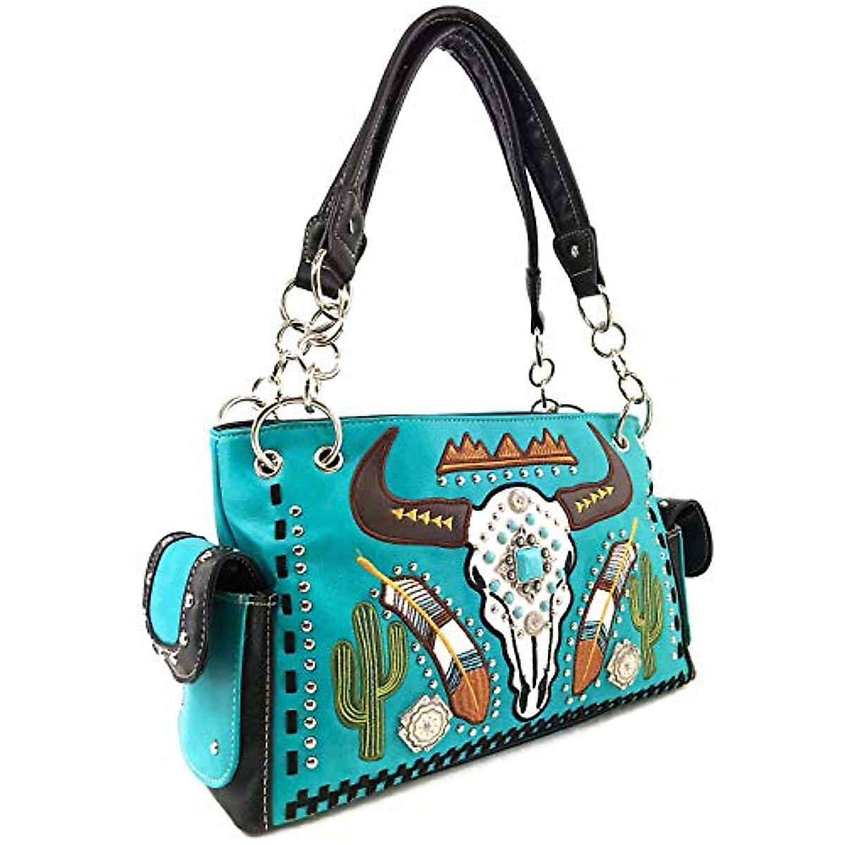Zelris Longhorn Skull Embroidered Feather Cactus Design Women Conceal Carry CCW Shoulder Handbag Purse (Turquoise)